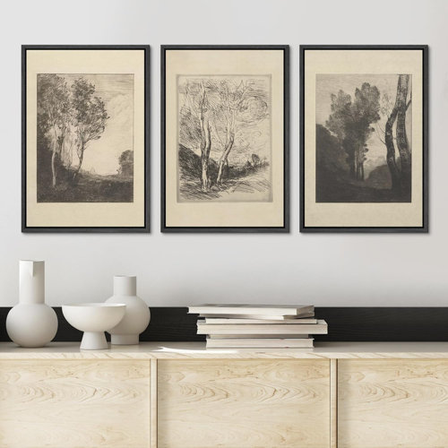 IDEA4WALL Duotone Vintage Trees Forest Sketch Rustic Landscape Framed Canvas 3 Pieces Painting ...